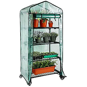 Worth Garden 4 Tier Mini Greenhouse w/Upgraded Castors Wheels - Portable Small Gardening Green House with PE Cover - Heavy Duty Swivel Castors with Brakes - 64''H x 27''L x 19''W Indoor & Outdoor