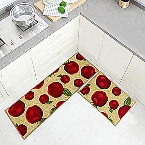 Wolala Home 3 Piece Sets Rubber Backing Non-Slip Red Apple Kitchen Rug and Carpet Machine Washable D-Shape Doormat Bathroom Foot Pads Thin (3pcs Sets, Multi)