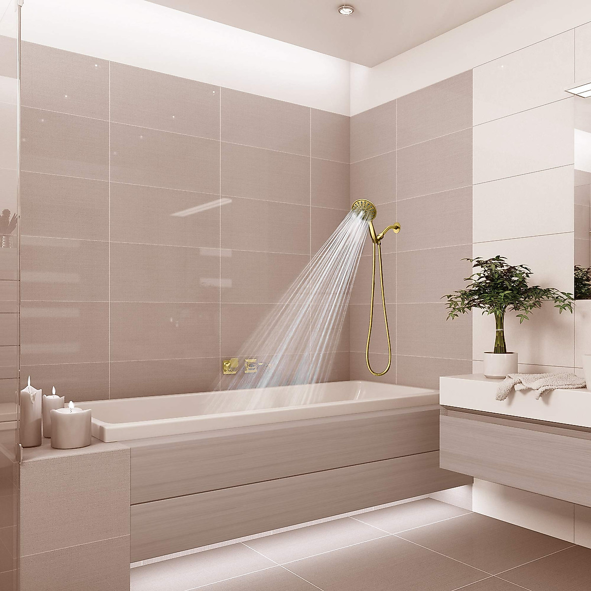 ShowerMaxx, Elite: ImperialShine Gold Finish Hand Held Rain Shower Head, Large 6 inch 6 Spray Settings Handheld Rainfall Showerhead with Long Stainless Steel Hose, (Polished Brass/ImperialShine Gold)