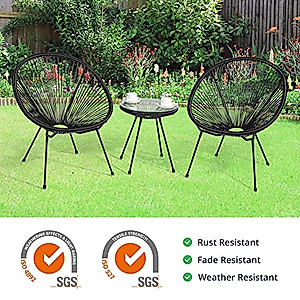 Cozy Castle 3-Piece Acapulco Patio Chair with Cover, All-Weather Weave Lounge Chair, Patio Conversation Bistro Set, Balcony Chair Egg Chairs with Glass Top Table (Black)
