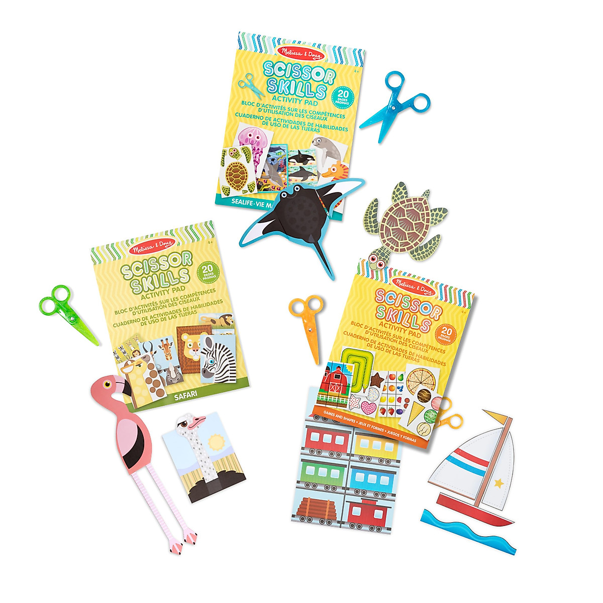 Melissa & Doug Scissor Skills Activity Pad with Child-Safe Scissors 3-Pack (Safari, Sea Life, Activities – 20 Pages Each)