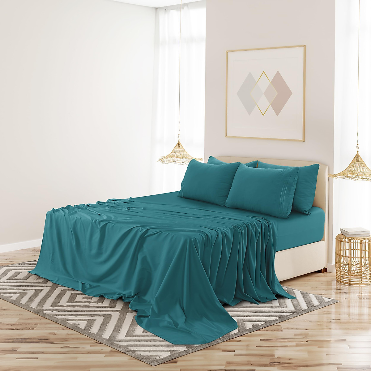 Lux Decor Full Sheet Set - 6 PC Brushed Microfiber Bed Sheets 16 Inches Deep Pockets - Embroidered & Plain Pillowcases - Hotel Luxury Sheets Full Size Bed Set - Soft Bedding sheets (Teal)