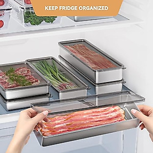 2 Pcs Bacon Container for Refrigerator, 304 Stainless Steel Airtight Deli Meat Storage Containers with Clear Lid and Non-Slip Bottom,for Kitchen Fridge Organizers and Storage (Square+Rectangular)