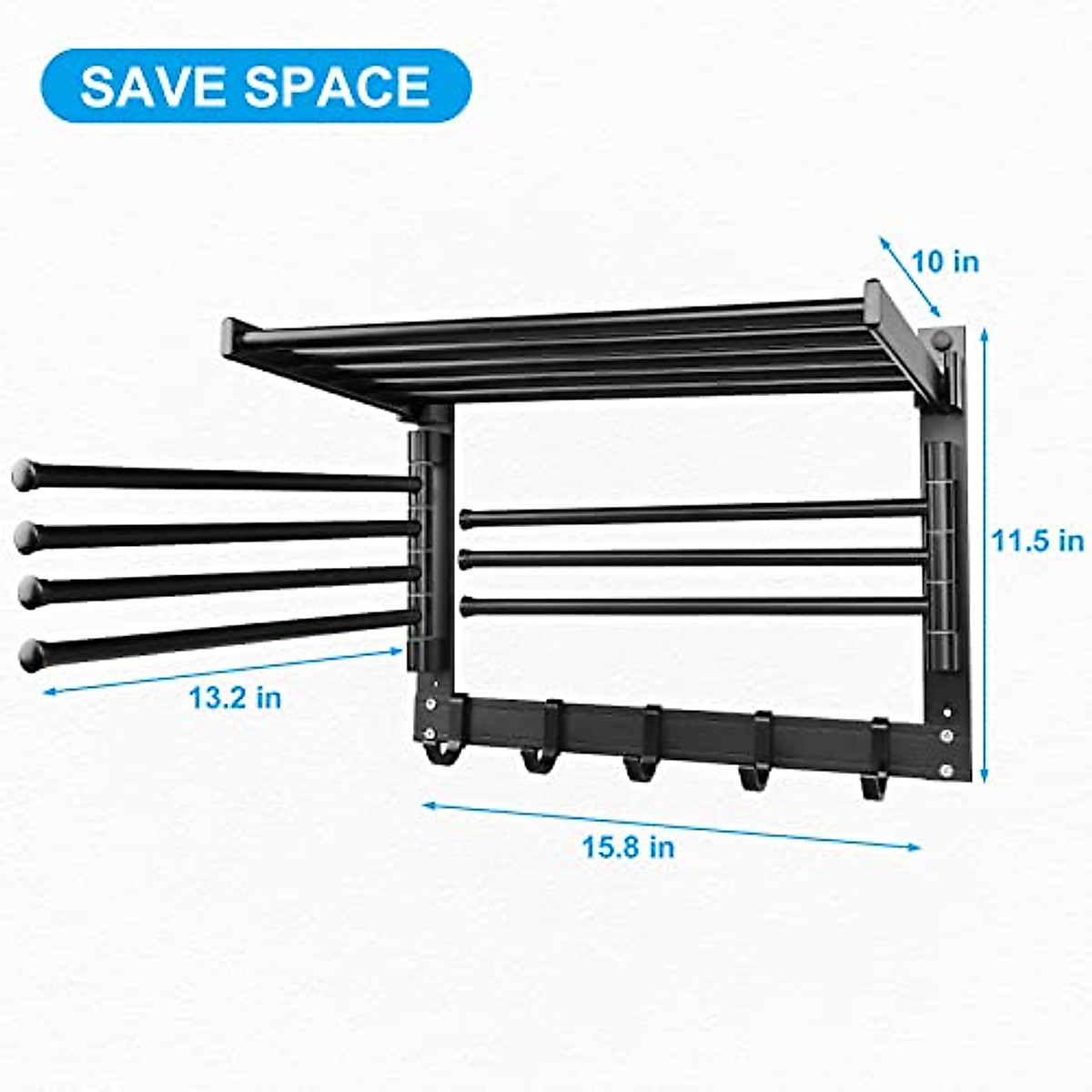 Laundry Clothes Drying Rack, Foldable Wall Mounted Drying Rack, Swivel Towel Rack with 5 Coat Hooks & 7 Swing Arms, Space Aluminum Drying Rack for Laundry Room Organization and Bathroom (Silver 7rods)