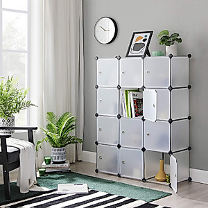SONGMICS Cube Storage Organizer, Set of 12 Plastic Cubes, Closet Storage Shelves, DIY Plastic Closet Cabinet, Modular Bookcase, Shelving with Doors for Bedroom, Living Room, White ULPC342W01