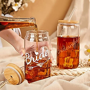 MGupzao Personalized Bridesmaid Glass Tumbler Set with Straw Bride to be 16 oz Can Shaped Coffee Cup Bachelorette Party Tumblers Bamboo Lid Iced Coffee Cup (6Pcs)