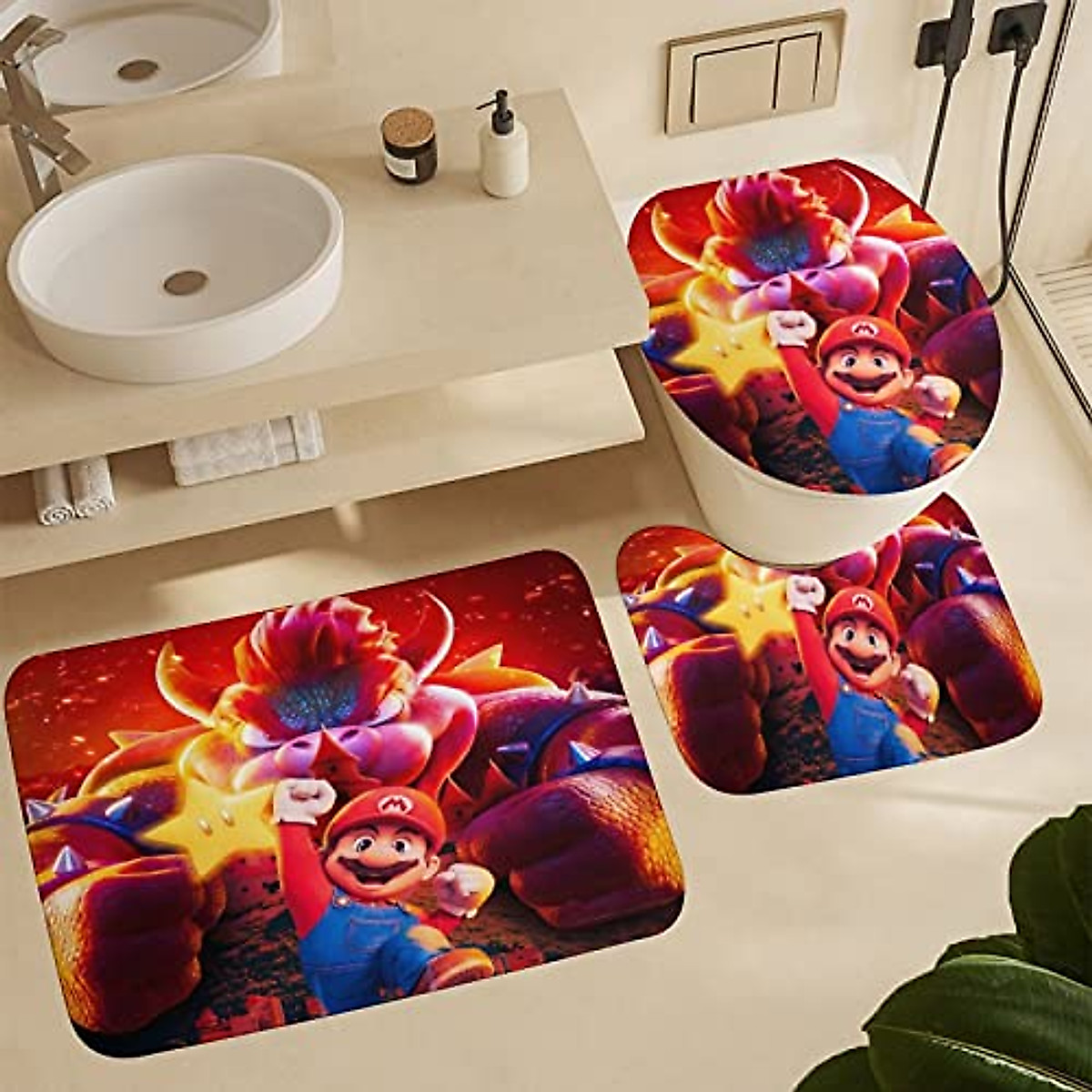 FFIS Anime Super 𝐌.𝐚𝐫𝐢𝐨 𝐁.𝐫𝐨𝐬 Movie.Bathroom Shower Curtain Set, 4 Piece Bathroom with Waterproof Shower Curtain and Non Slip Shower Mat & Toilet Lid Cover Mat U Carpet