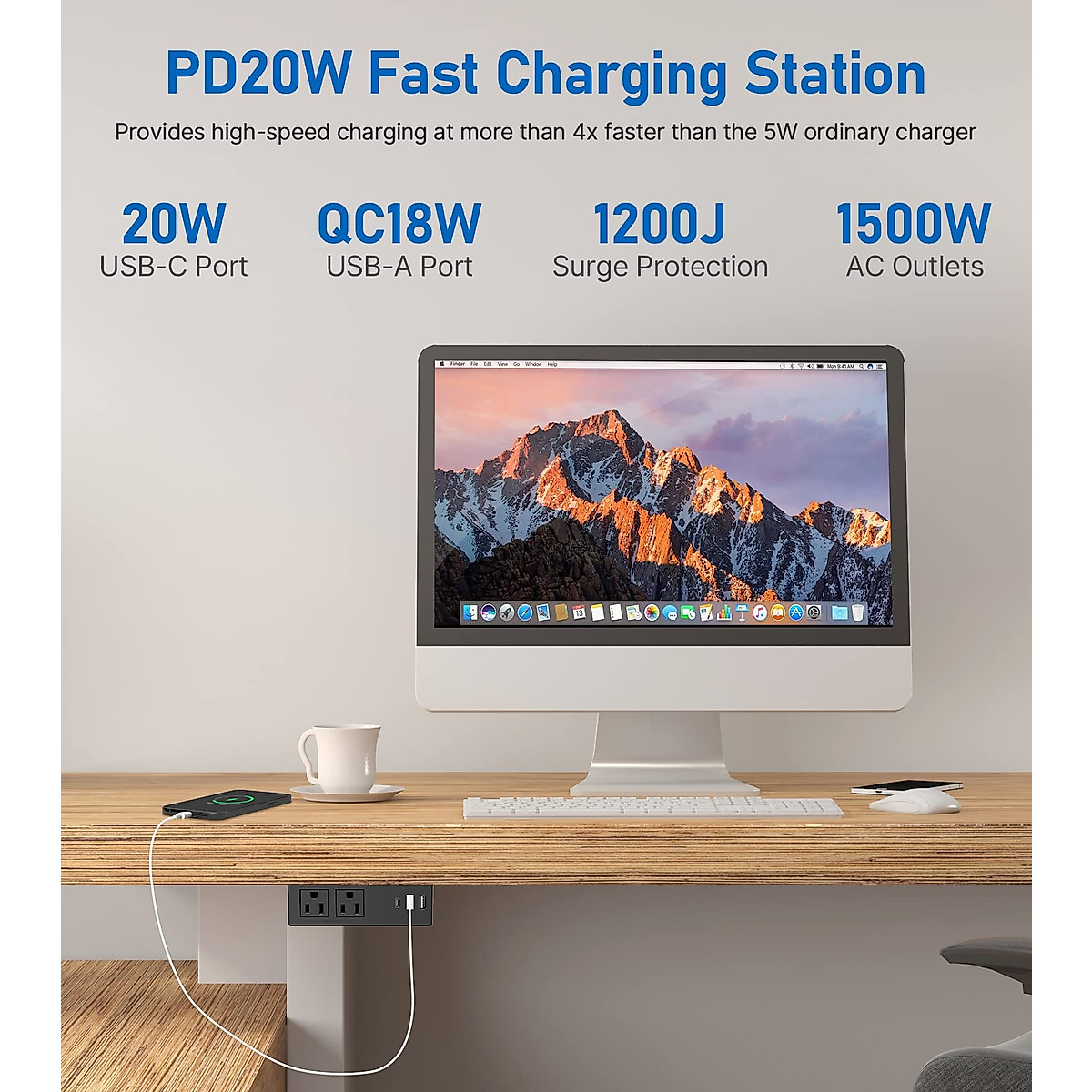 Under Desk Power Strip with PD20W USB-C QC18W USB-A,Ultra Thin Flat Plug Power Strip Surge Protector 1200J,Adhesive or Screw Wall Mount Power Strip,2 Outlets,1 USB-C,2 USB-A,6FT 18AWG Extension Cord