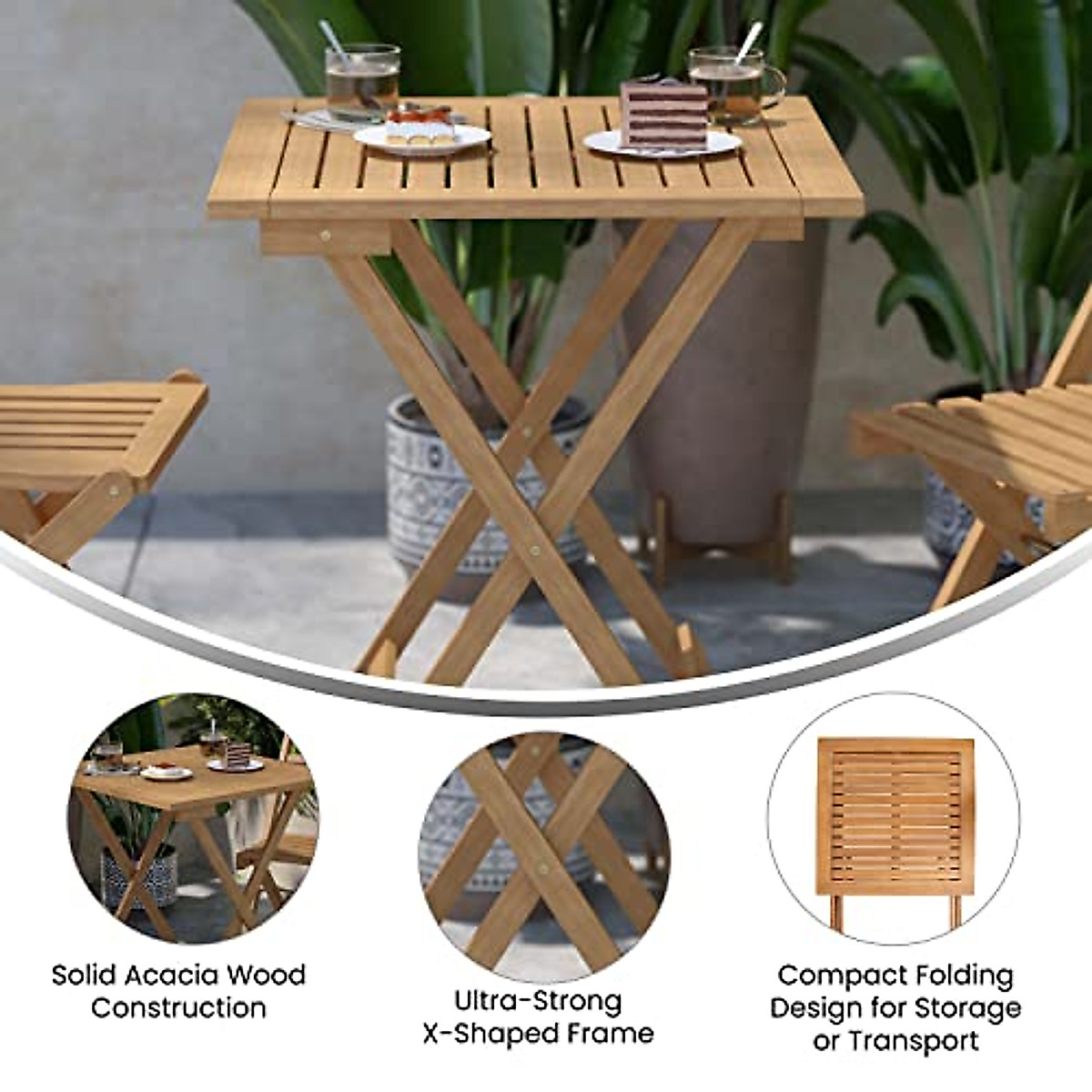 Merrick Lane Stora 24 Inch Square Solid Acacia Wood Portable Folding Patio Bistro Table for Indoor/Outdoor Use in Natural Finish