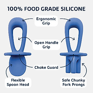Tiny Twinkle Silicone Training Utensils - Baby Spoons and Baby Forks For Self-Feeding Training - Silicone Baby Led Weaning Utensils For Toddlers And Babies 6-24 Months - Baby Feeding Supplies (Indigo)