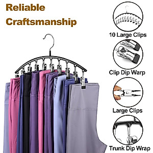 Hendiy Legging Organizer for Closet, Pants Hangers 3 Pack w/10 Clips Holds 30 Leggings, Leggings/Shorts/Jeans/Skirts/Pants Hangers w/Rubber Coated, Space Saving Hanging Closet Organizer