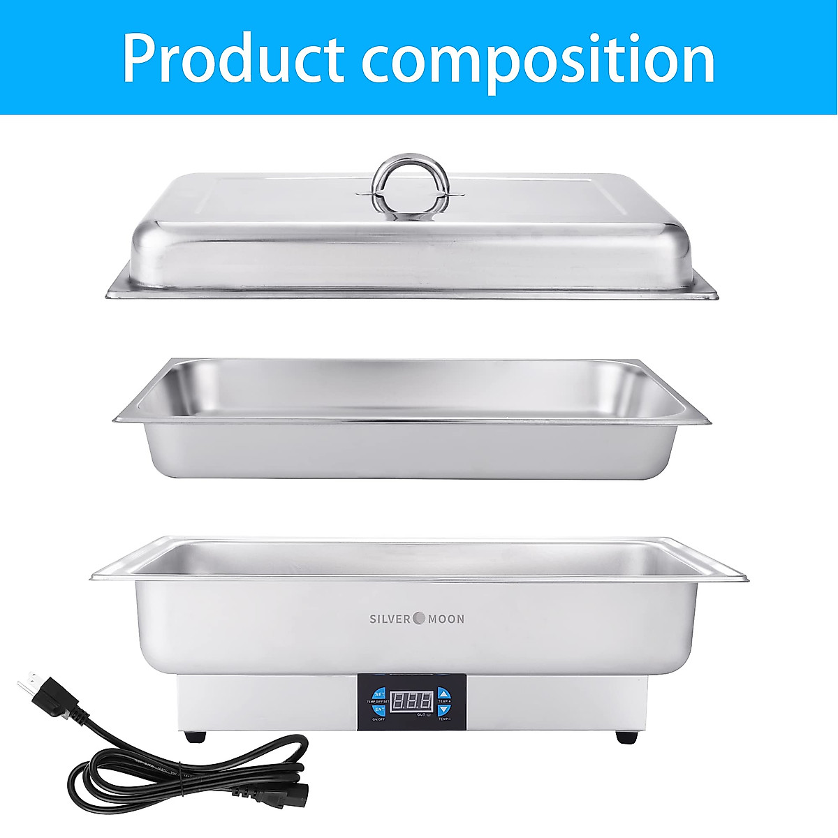 SILVER MOON 9 QT Electric Chafing Dish Buffet Set with Stainless Steel Lid, Digital Display Temperature Full Size Electric Chafer, Chafing Dish for buffet, Buffet Servers and Food Warmers for Parties