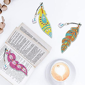 pigpigboss Feather Bookmark Diamond Painting Set 6 PCS PVC Diamond Painting Bookmark with Pendant Peacock Feather Bookmark Diamond Painting Art Graduation Gift