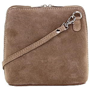 PRIMO SACCHI Ladies Italian Suede Leather Small Micro Dark Beige Crossbody Shoulder Bag Handbag Purse