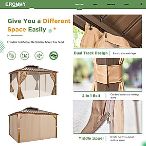 EROMMY 12' x 12' Gazebo, Wooden Finish Coated Aluminum Frame Canopy with Double Galvanized Steel Hardtop Roof, Outdoor Permanent Metal Pavilion with Curtains and Nettings for Patio, Backyard and Deck