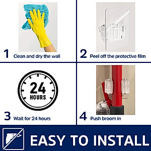 Bafezoze Broom Holder Wall Mount Self Adhesive, 4 Pack Broom Hanger, Anti-Slip Broom and Mop Organizer Wall Hanging for Bathroom Kitchen Laundry Room, Transparent Plastic