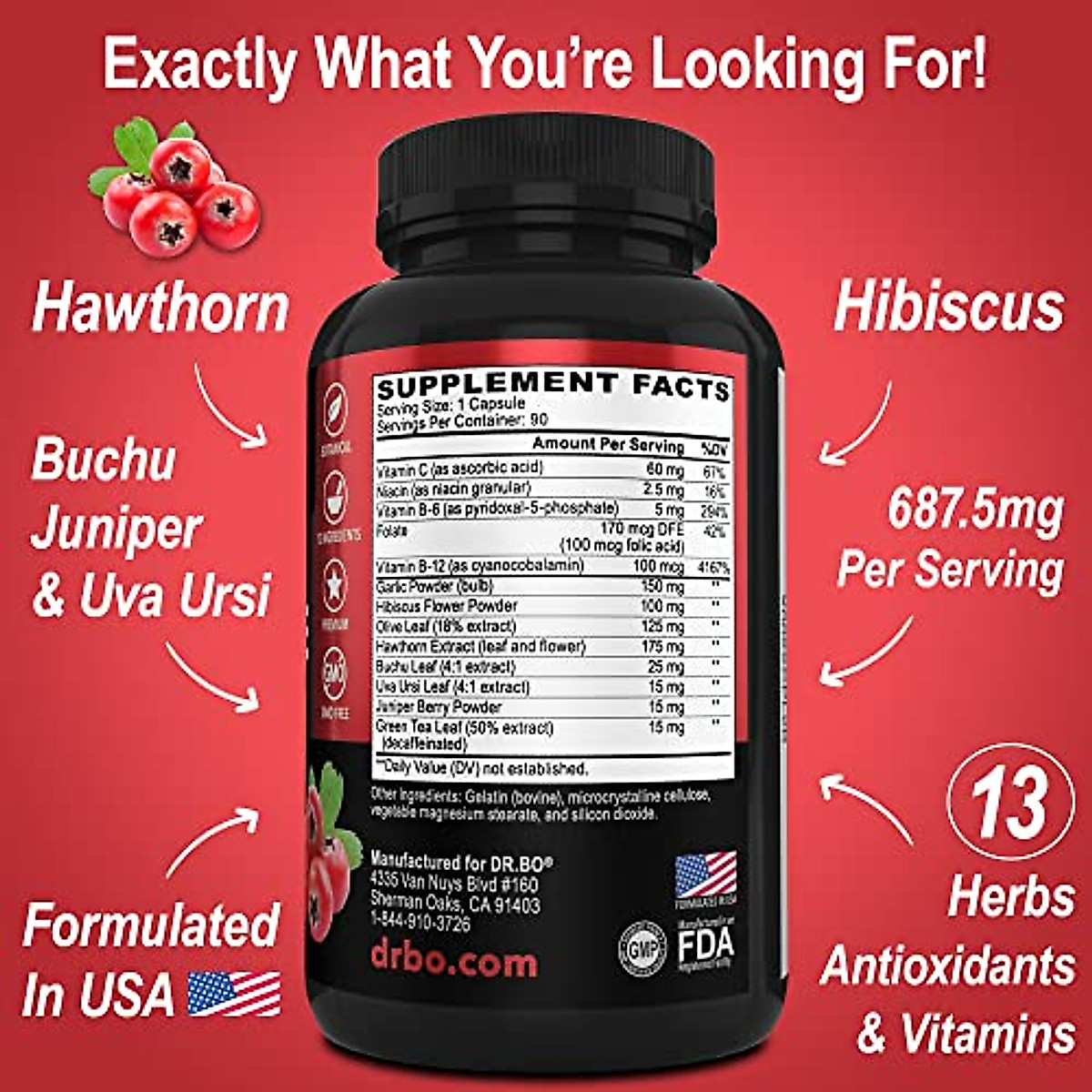 DR. BO Blood BP Support Supplement - Healthy Herbal Garlic & Natural Hibiscus Supplement Health Herbs Vitamin Formula - Hawthorn Pills Heart Vitamins Blend Flow Supplements Capsules for Women & Men