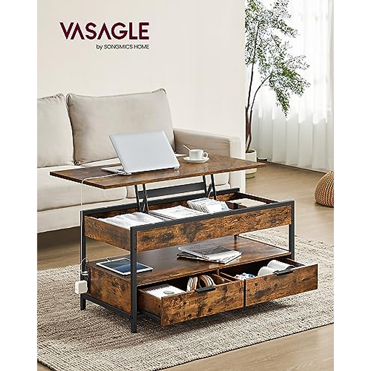 VASAGLE Lift Top Coffee Table with Storage Drawers and Charging Station, Coffee Table for Living Room with Lifting Top, Hidden Compartments and Open Shelf, Rustic Brown and Ink Black ULCT206B01