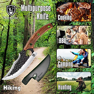 Nordic New Upgraded Hand Forged Viking High Carbon Steel Boning Knife with Leather Sheath, Multipurpose for Meat Cutting, Kitchen, Camping, BBQ, (Brown)