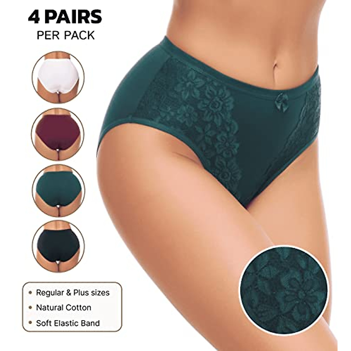 EVERYWOMANKNOW Cotton underpants for women - Ladies panties - No show - Pack of 4 Cotton Panties M