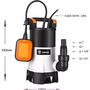 DEKO Sump Pump 1HP 3698GPH 750W Submersible Water Pump with Float Switch and Max Flow 14000L/H for Swimming Pool, Tub, and Garden Irrigation and Long 16ft Cable