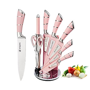 Kitchen Knife Set, 9-Piece Pink Kitchen Knife Set with Acrylic Block, Non Stick Sharp High Carbon Stainless Steel Knife Set for Kitchen Cutting Meat Slicing Chopping Kitchen Gifts for Women (Pink)