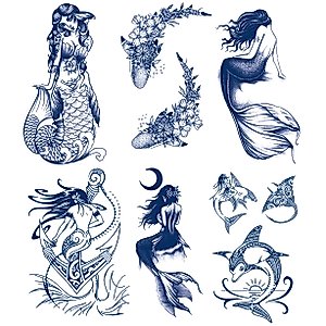 Semi Permanent Mermaid Tattoos, 6-Sheet 100% Plant-Based Ink Infinity Fake Shark Tattoo Stickers, 2 Weeks Long Last Waterproof Tattoos for Adults Men Women Girls Kids