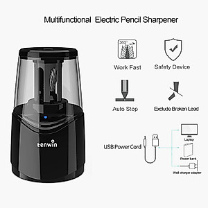 tenwin Rechargeable Electric Pencil Sharpener with Durable Helical Blade to Fast Sharpen, Heavy Duty Pencil Sharpener for No.2 & Colored 6-8mm Pencils for School Office Home (Black)