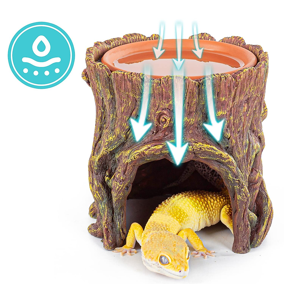 REPTIZOO Reptile Hide Cave Resin Moisture Keeping Reptile Cave with Clay Water Basin Humidifying Help Shedding for Reptile Amphibians Leopard Gecko