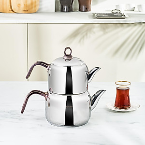Karaca Manes Medium Turkish Teapot Set - Stainless Steel Teapot with Lid - (Turkish Tea Pot 1.35 Liters & Water Tank 1.95 Liters) - Non-Burning Bakelite Handles Midi Tea Maker & Induction Tea Kettle