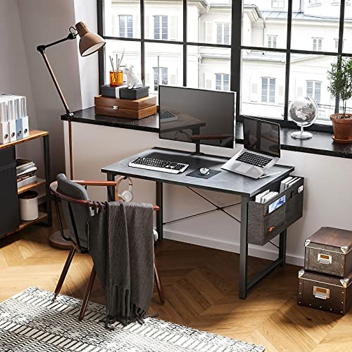 ODK Study Computer Desk 40 inch Home Office Writing Small Desk, Modern Simple Style PC Table with Storage Bag and Headphone Hook, Espresso Gray