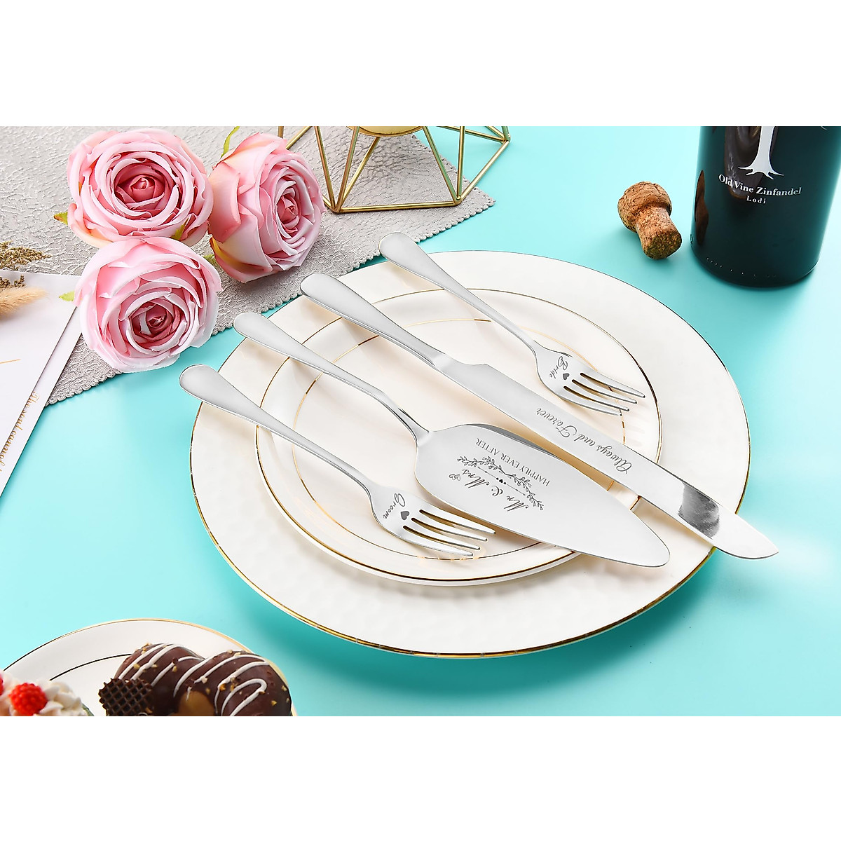 BEKESIN Wedding Cake Knife and Server Set, Silver Cake Cutting Set for Wedding 2024, 4 Piece Cake Knife Set with Forks for Engagements, Weddings and Anniversaries