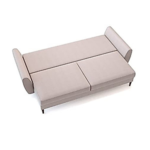 RINOLO Modern Alisa Sleeper Sofa Bed - Storage Pull Out Couch, Revolution Performance Fabrics, Pine Wood, Birch Legs, Sleek Unique Arms, Made in Europe, Queen Size 93in W x 39in D x 35in H – Beige