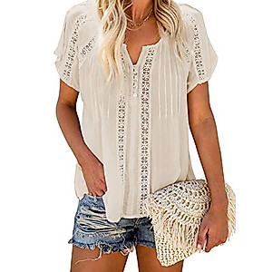 Dokotoo Womens Ladies 2023 Summer Sexy Lace V Neck Eyelet Short Sleeve Boho Shirts Spring Casual Loose Solid Chiffon Blouses for Women Tops Apricot 1X Large