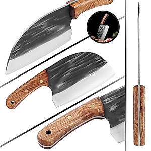 Kitchen Meat Cleaver Knife, High-Carbon Steel Serbian Chef Butcher Knife, Sharp Hand Forged Vegetable Gyuto Knife, Full Tang Handle, with leather sheath, for Kitchen or Camping Outdoor