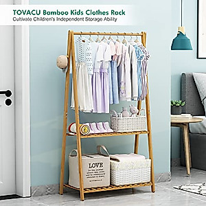 Tovacu Kids Clothing Rack for Hanging Clothes Portable Clothes Rack Wooden Drying Rack Clothing Standing Bamboo Garment Rack with Shelves Laundry Rack for Drying Clothes Indoor