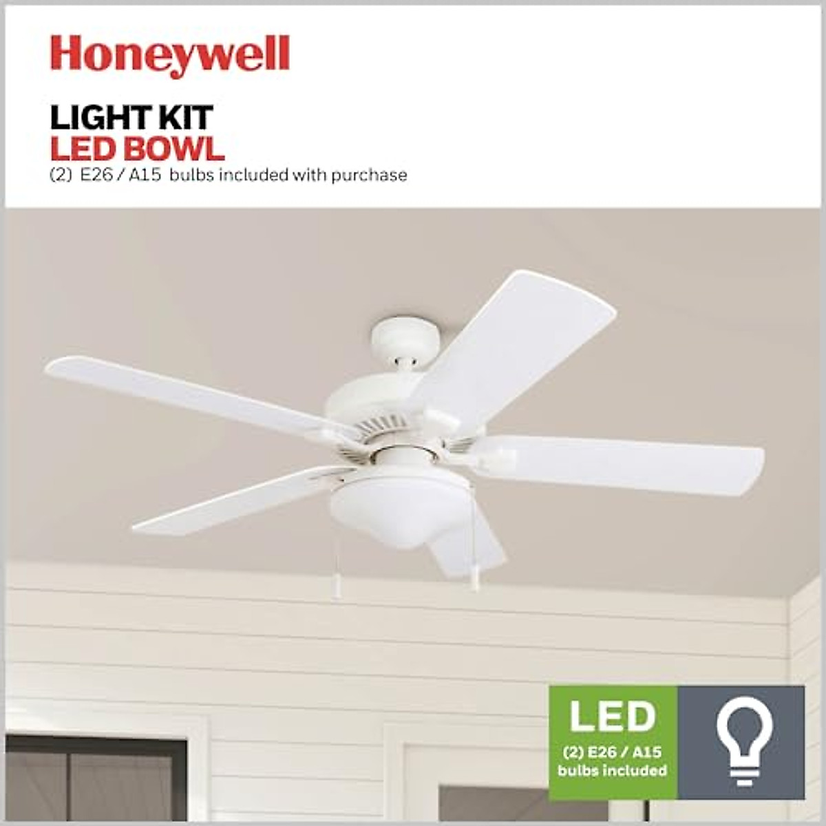 Honeywell Ceiling Fans Belmar 52 Inch Ceiling Fan With Light, Indoor/Outdoor Ceiling Fan with Pull Chain, LED Tri-Mount 5 Blade Design, ETL Damp Rated, White (50513-01)