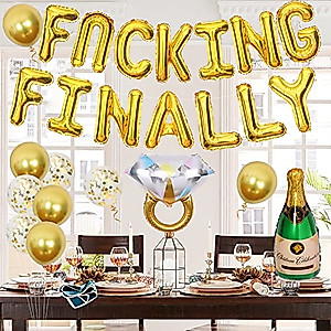 Bachelorette Party Decorations Kit Gold-Fcuking Finally Bachelor Party Decor with Diamond Ring and Champagne Foil Balloons for Engagement Bridal Shower Hen Party Supplies