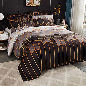 iyoimono Grey Geometric Geo Duvet Cover Set Gold Line Checkered Plaid Bedding Set Reversible Black King Size Quilt Comforter Cover with Zipper Closure Winter Summer Duvet Cover and 2 Pillow Shams