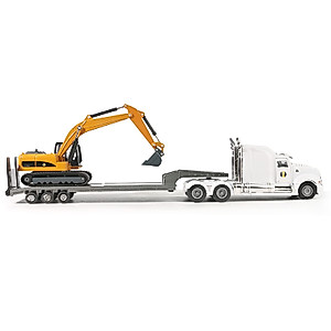 Diecast Semi Truck & Excavator Toy Model Metal Flatbed Truck w/Excavator Tractor Metal Construction Vehicle Models Toys for Kids