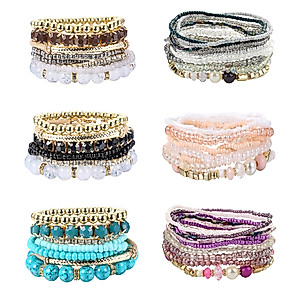 LOYALLOOK 6 Set Bohemian Stackable Bead Bracelets for Women Colorful Bangle Bracelets Multilayer Stretch Bracelets