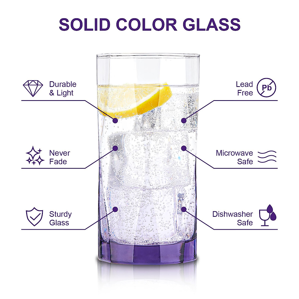 CREATIVELAND Geometric Shapes Glass Drinking Glasses Set of 6, 13.5 OZ Solid Purple Color Glass Tumbler Glassware for Water, Juice, Different Options for Home, Restaurant, Hotel, Bar