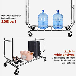 HOKEEPER 600 lbs Commercial Clothing Garment Rack with Shelves Clothing Racks on Wheels Rolling Closet Clothes Rack Heavy Duty Portable Collapsible Adjustable, Chrome Finish