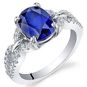 PEORA Created Blue Sapphire Forever Ring for Women 925 Sterling Silver, 2.50 Carats Oval Shape 9x7mm, Size 9