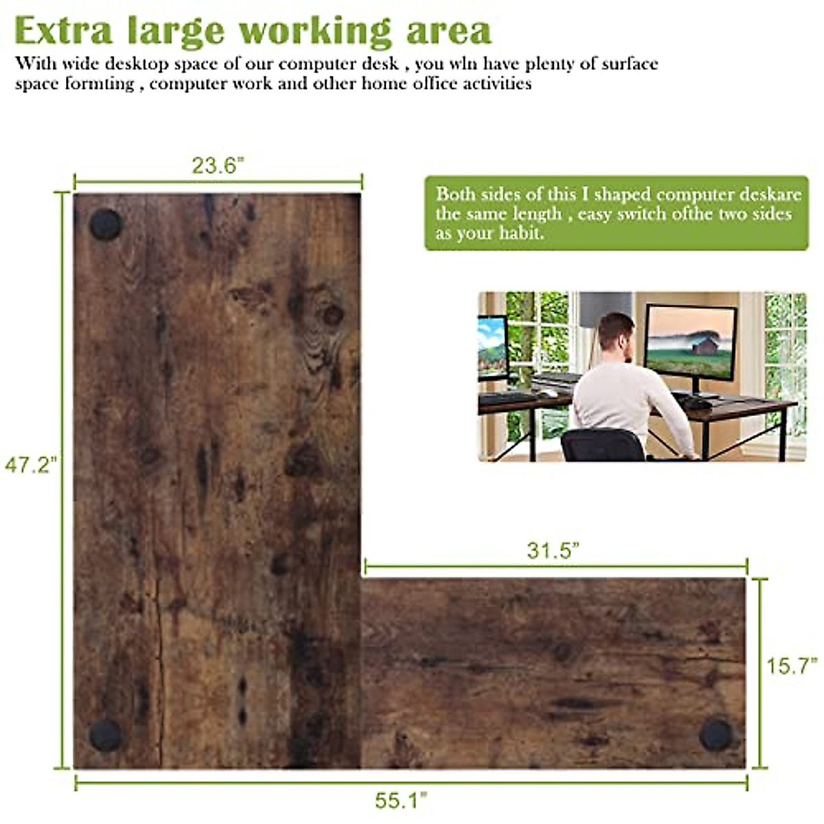 Lucky Shop L-Shaped Desk 47" Corner Computer Desk, Gaming Table with Sturdy X Leg, Adjustable Wood PC Desk, Modern Ergonomic Racing Style Study Desk Workstation, Space-Saving for Home Office, Brown