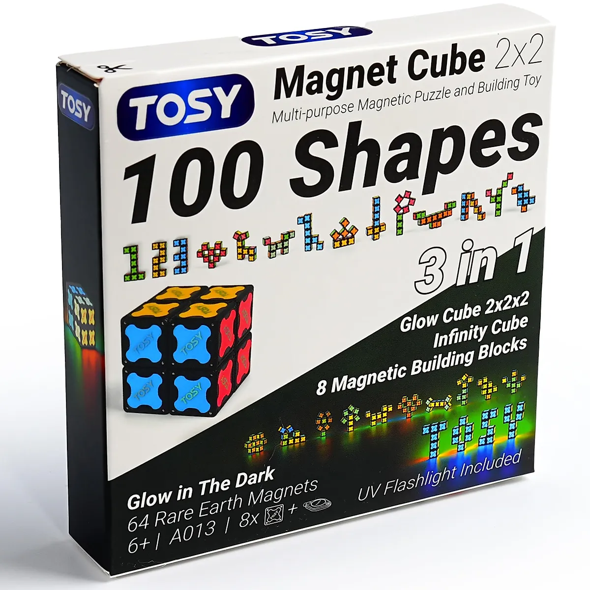 TOSY Magnet Cube 2x2 - 64 Magnets, 8 Building Blocks, Easter Basket Stuffers Essentials for Kids/Teens, 2 in 1 Toy: 2x2x2 Puzzle Cube and Customizable Infinity Cube, Glowing, UV Flashlight Accessory