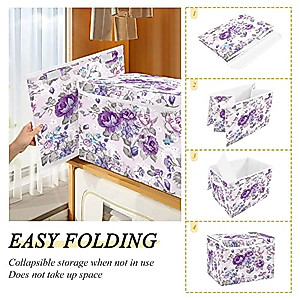 Kigai Collapsible Beautiful Purple Flowers Storage Basket with Lids and Handles,Storage Bins for Shelves Closet Bedroom,Office Storage