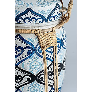 Siam Sawadee White Weaved Bamboo Rice Basket, Hand Woven Thai Rattan Jar, Handcrafted Traditional Household Wicker Container, Moroccan Pattern Painted, Handmade in Thailand, 7x12 inches