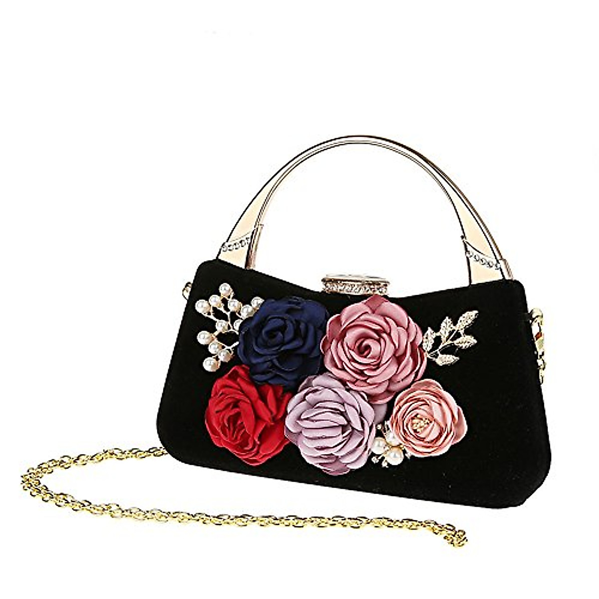 Women's Flower Evening Bag Black Clutch Purse Handbag Metal Frame Large Clutch Bag Wedding Hand Bag Carved Handle (Ship From the US)