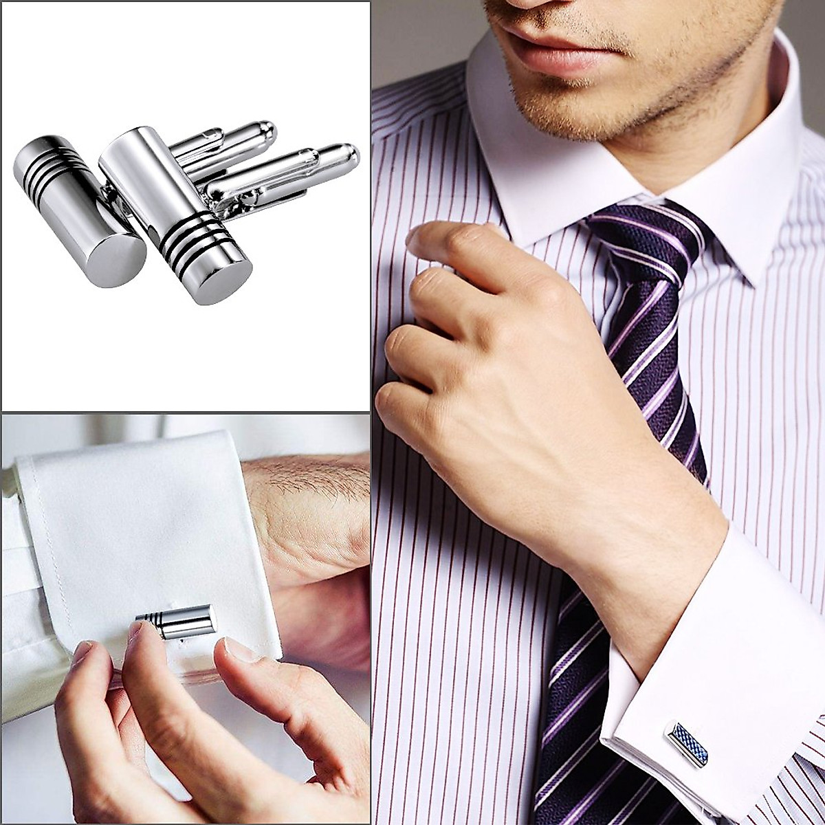 Lictin Men's Cufflinks Cuff Links for Men, Stainless Steel Classic Tone Cufflinks Black Striped Cuff Links Shirt Suit Cufflinks, 5 Pairs